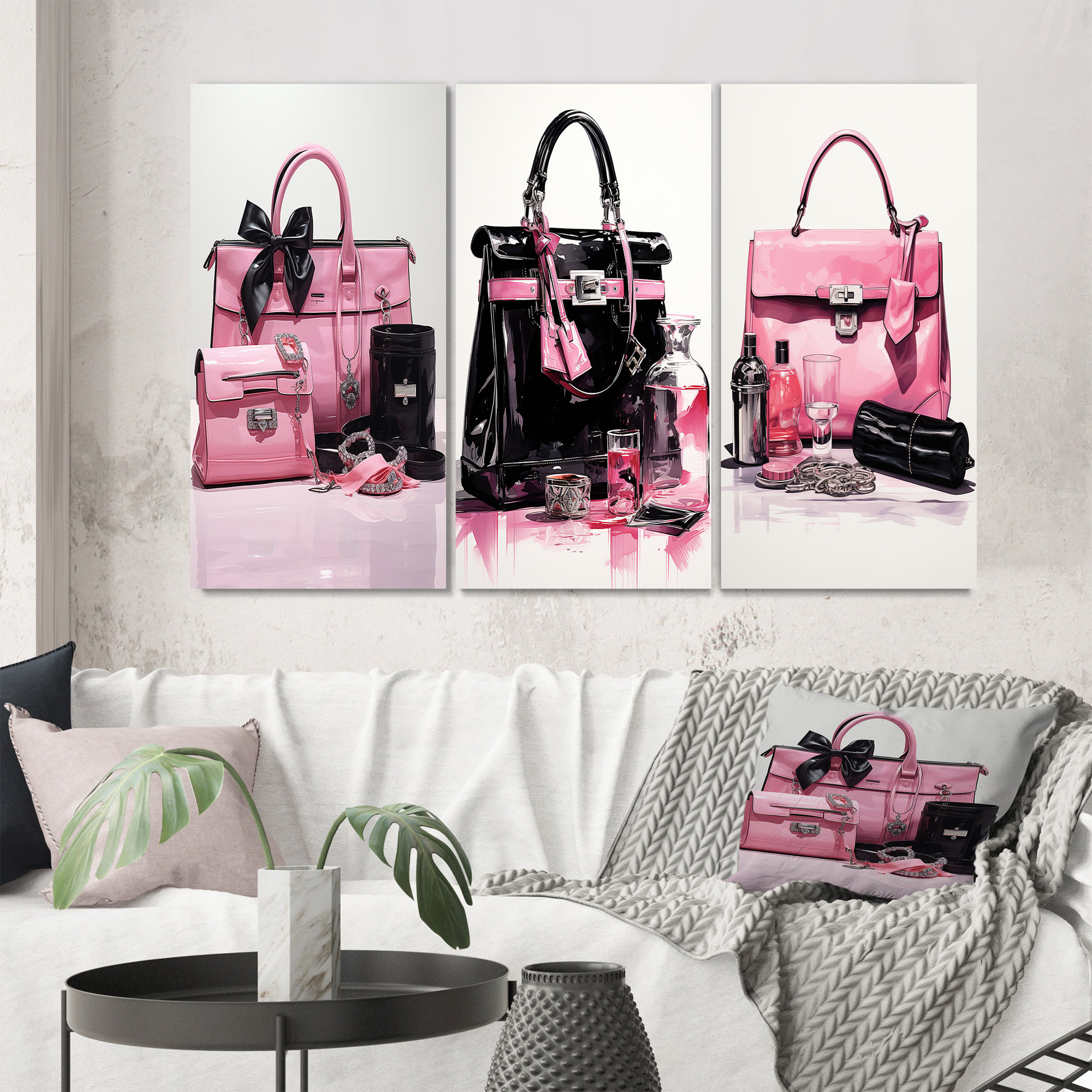 Red Barrel Studio® " Pink Fashion Bag Glamour " 3 - Pieces on Canvas | Wayfair